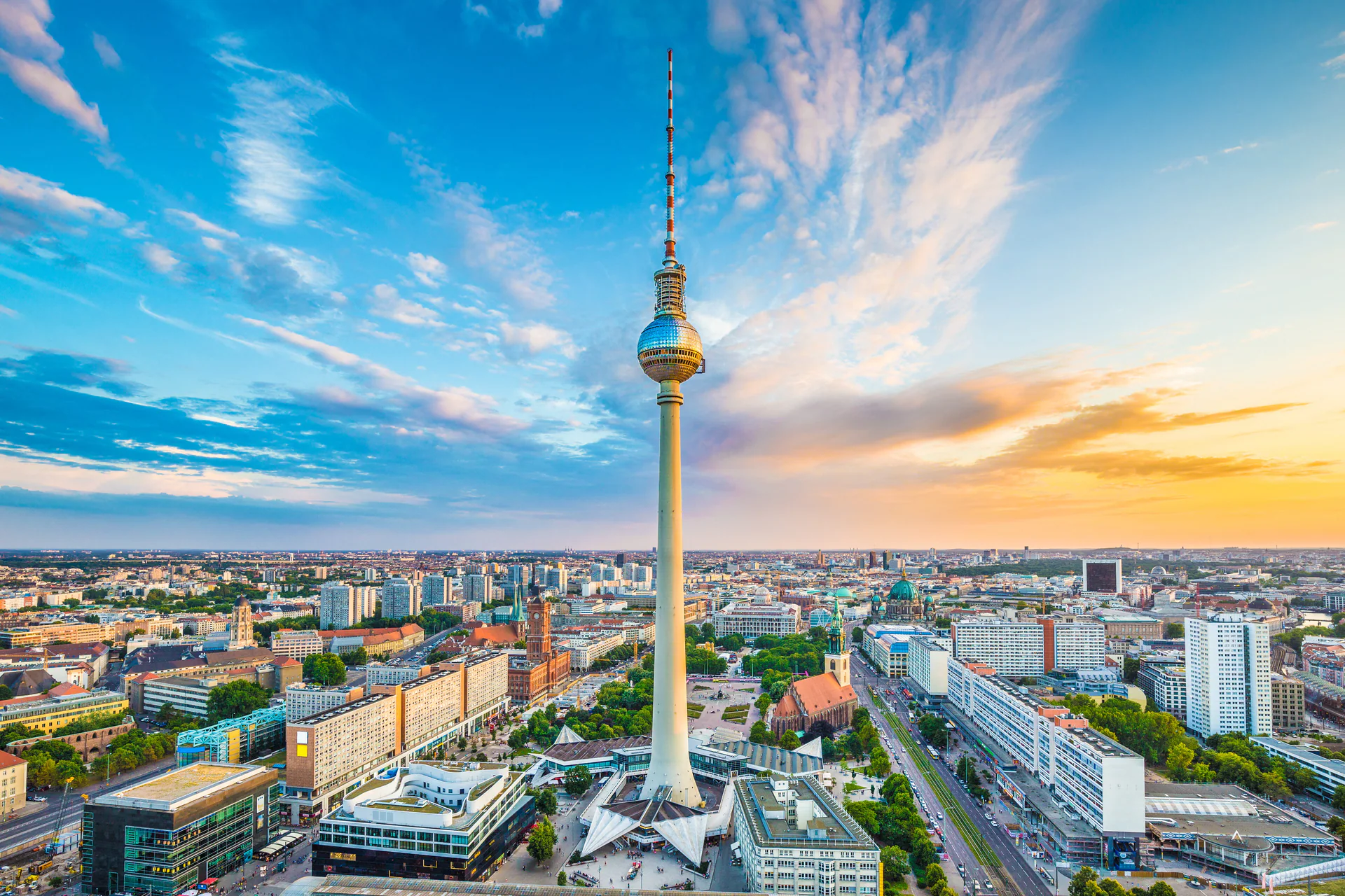 Berlin TV Tower Aerial view of Berlin skyline with famous TV tower at Alexander Platz
