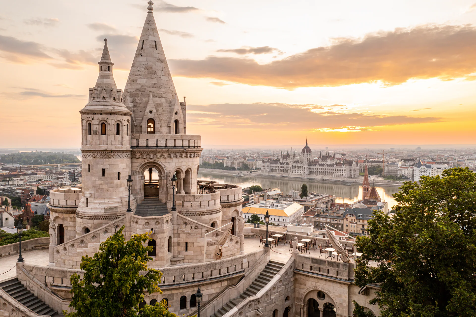 Fisherman's Bastion in Buda Fisherman's Bastion in Budapest with view to the Parliament