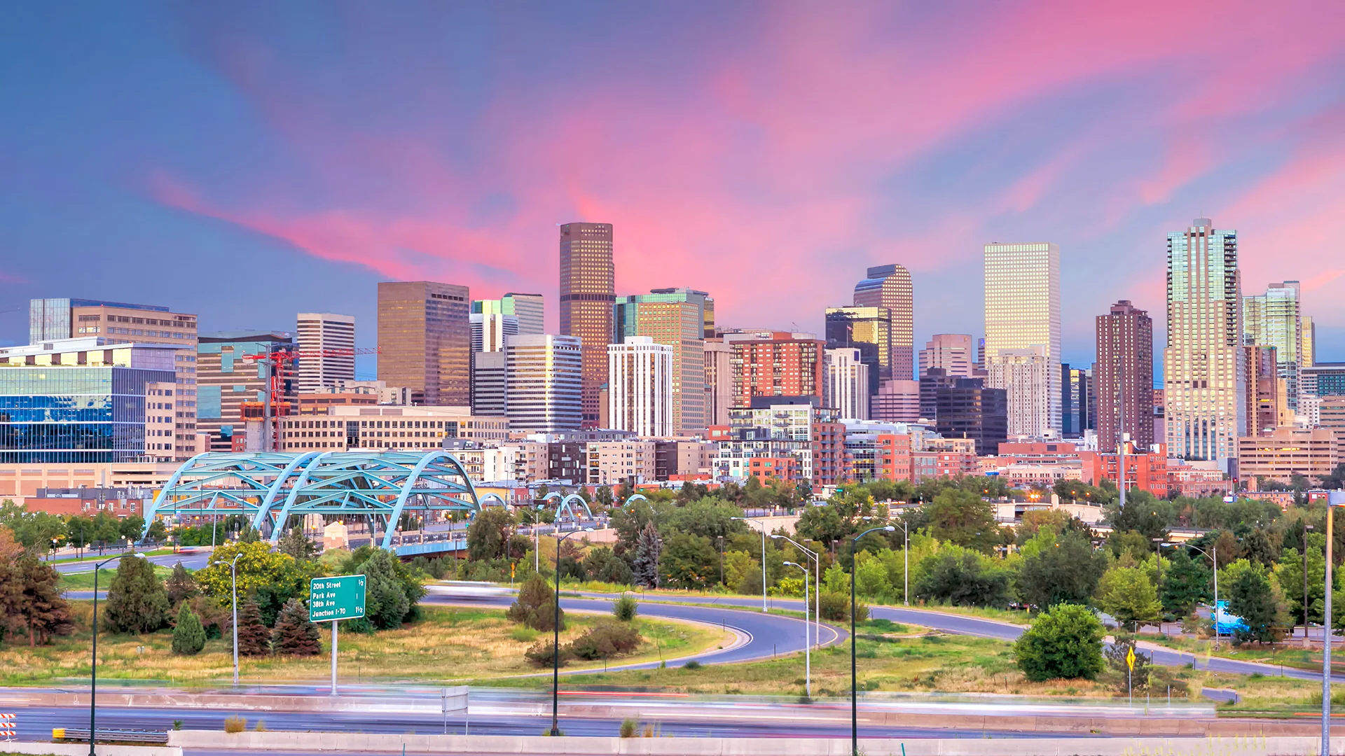 Denver Skyline Panorama of Denver skyline long exposure at twilight.