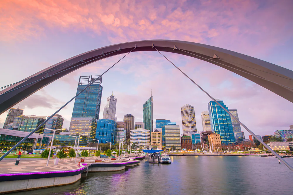 Perth at twilight Downtown Perth skyline in Australia at twilight